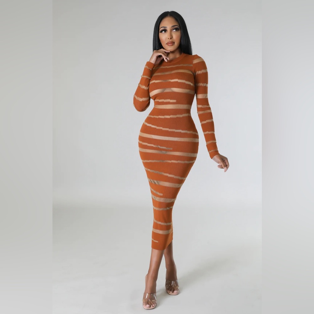 Brick Sheer Mesh Body-Con Dress - Gem